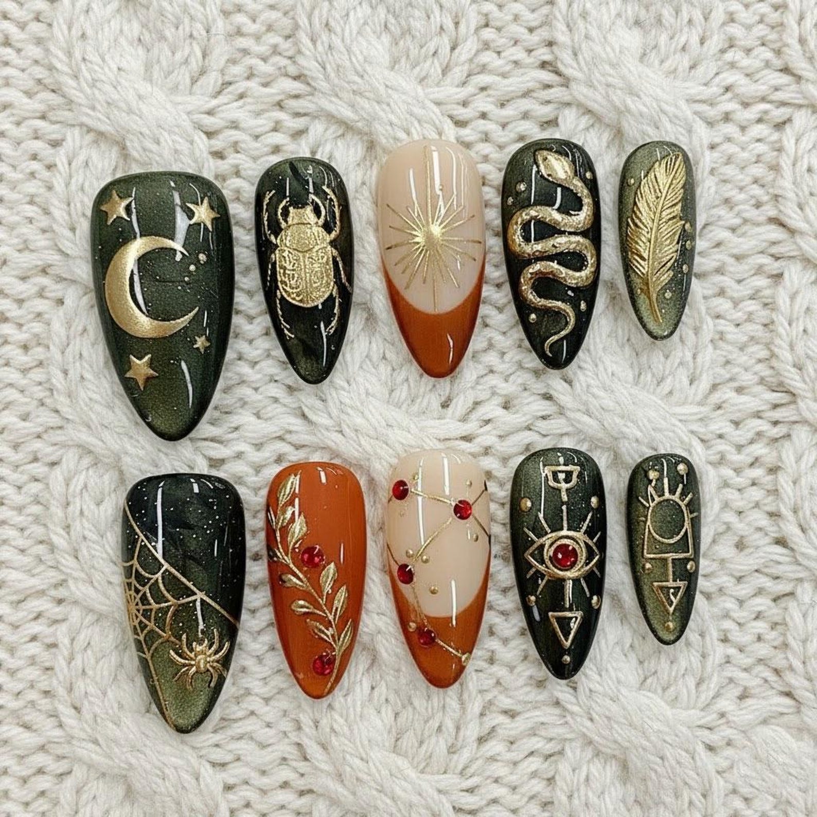 Handmade Mystic Gothic Press on Nails | Moon, Snake, Spider & Gold ...