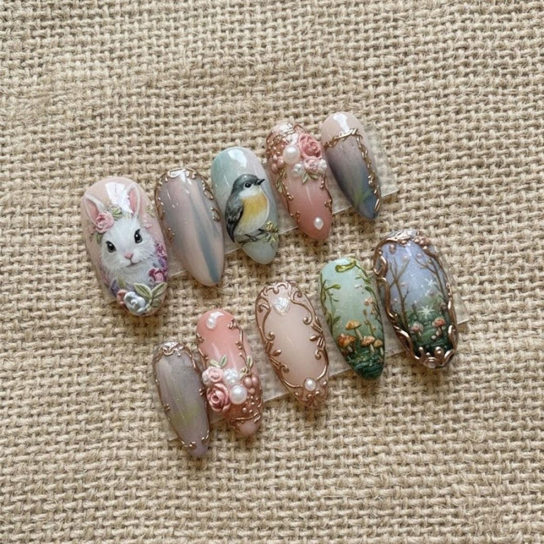 Handmade Cottagecore Press on Nails | Bunny, Bird, Roses & Forest Art ...