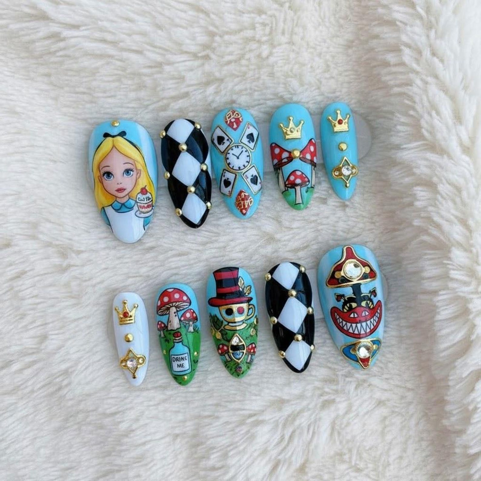 Handmade Wonderland Fantasy Press on Nails | Alice, Clocks, Mushrooms ...