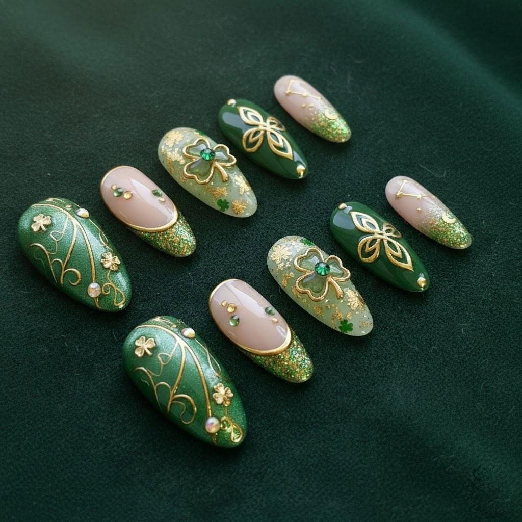 Emerald Green Clover Press on Nails | Celtic Gold Leaf Shamrock Luxury ...