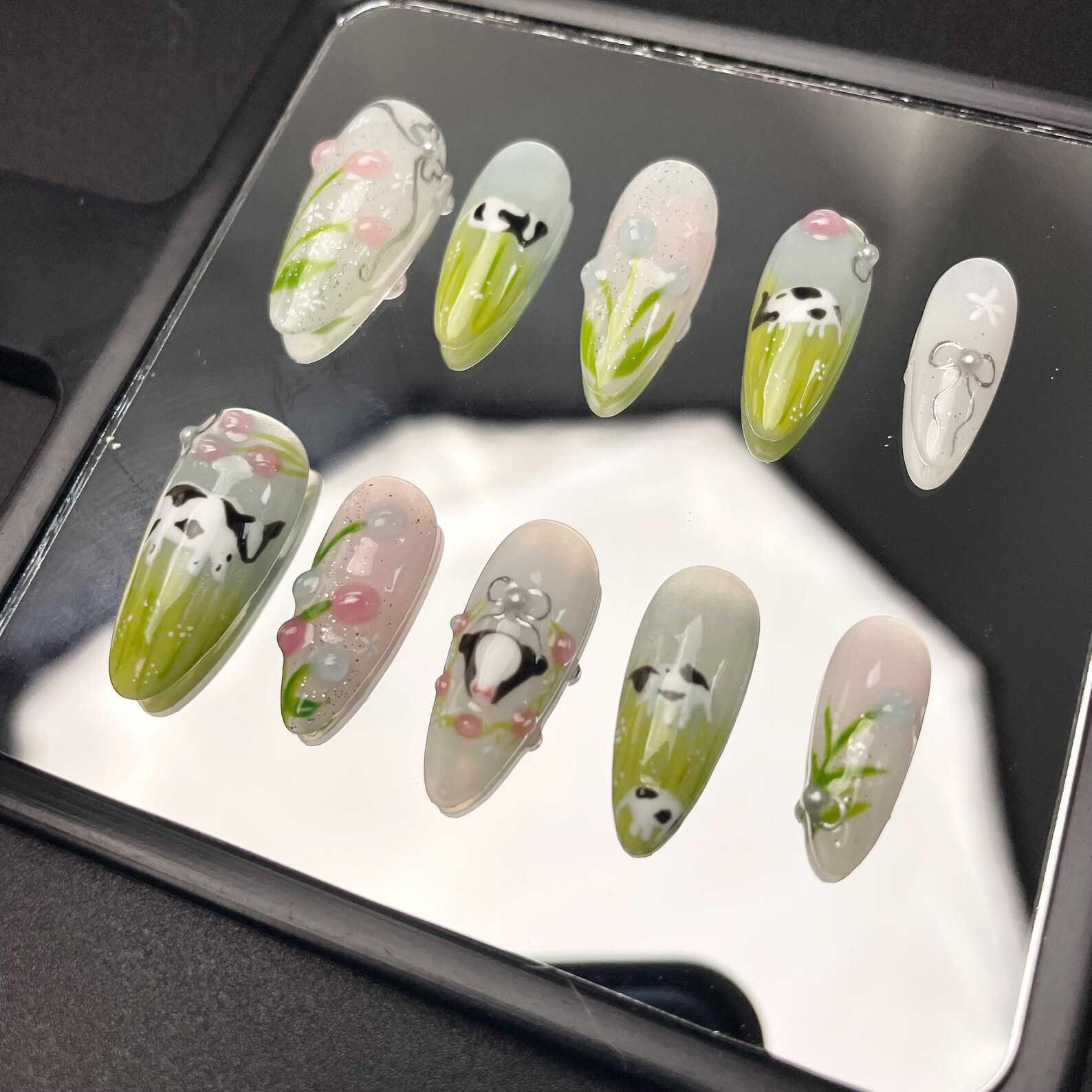 Pasture Cow and Flowers Press on Nails, 3D Tulips, Grass and Bow Art ...