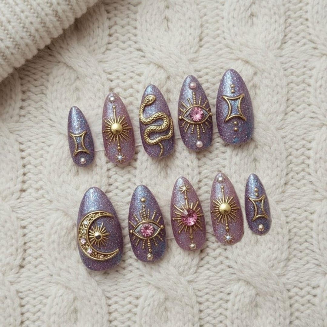 Handmade Mystic Moon Press on Nails | Snake, Evil Eye & Gold Celestial ...