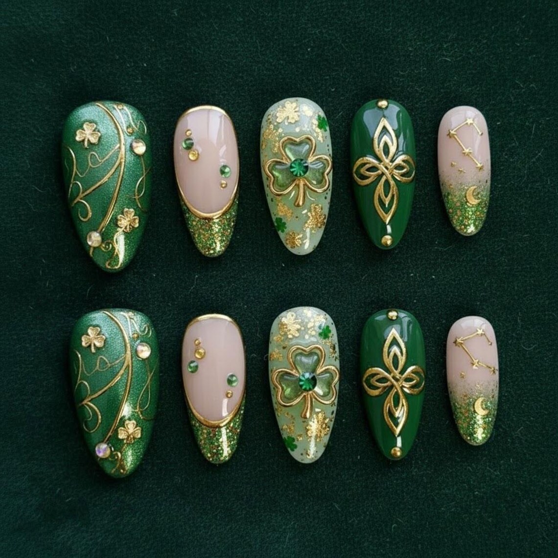 Emerald Green Clover Press on Nails | Celtic Gold Leaf Shamrock Luxury ...