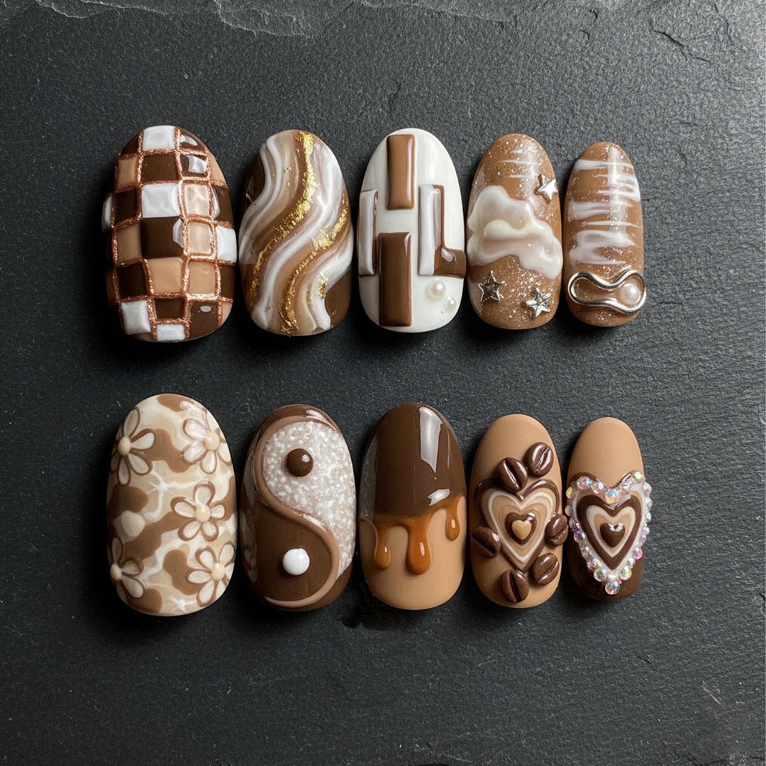 Handmade Chocolate Press on Nails | 3D Hearts, Coffee Beans, Yin Yang ...
