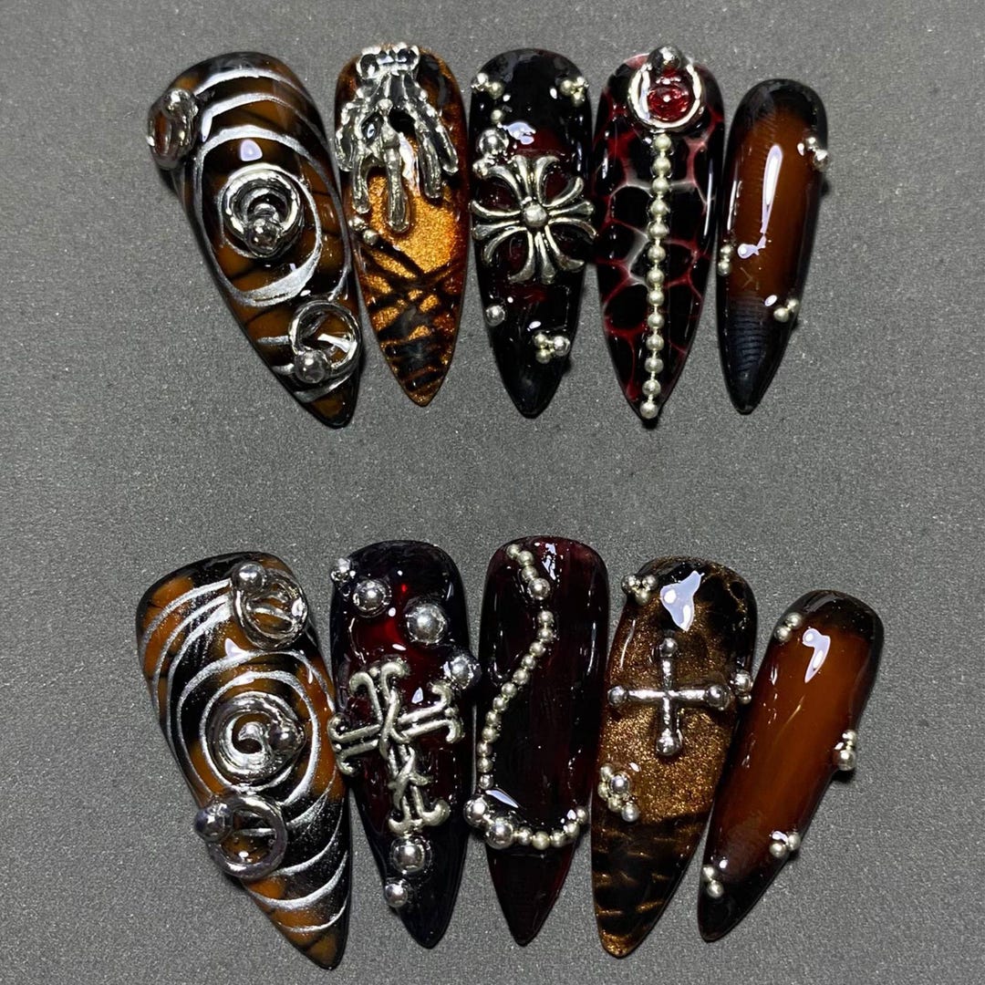 Handmade Gothic Chrome Press on Nails | Black & Amber With Chains ...