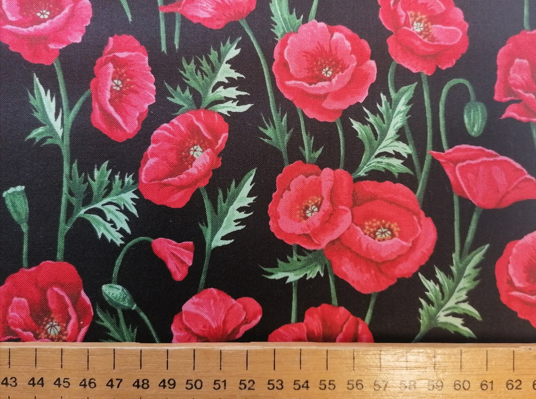 Poppy Print Cotton Fabric: Red Floral on Black - Nutex Quilting ...