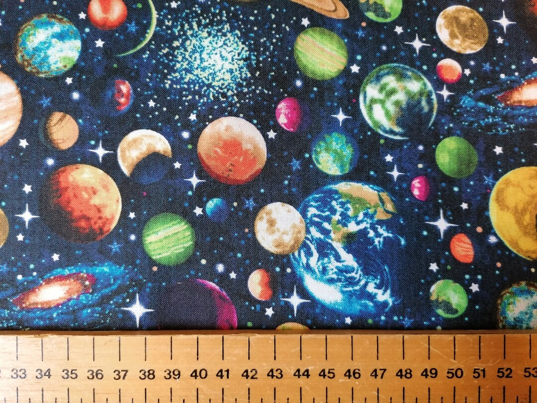 Solar Planets, Space Fabric, Solar System on Dark Blue Sky 100% Cotton ...