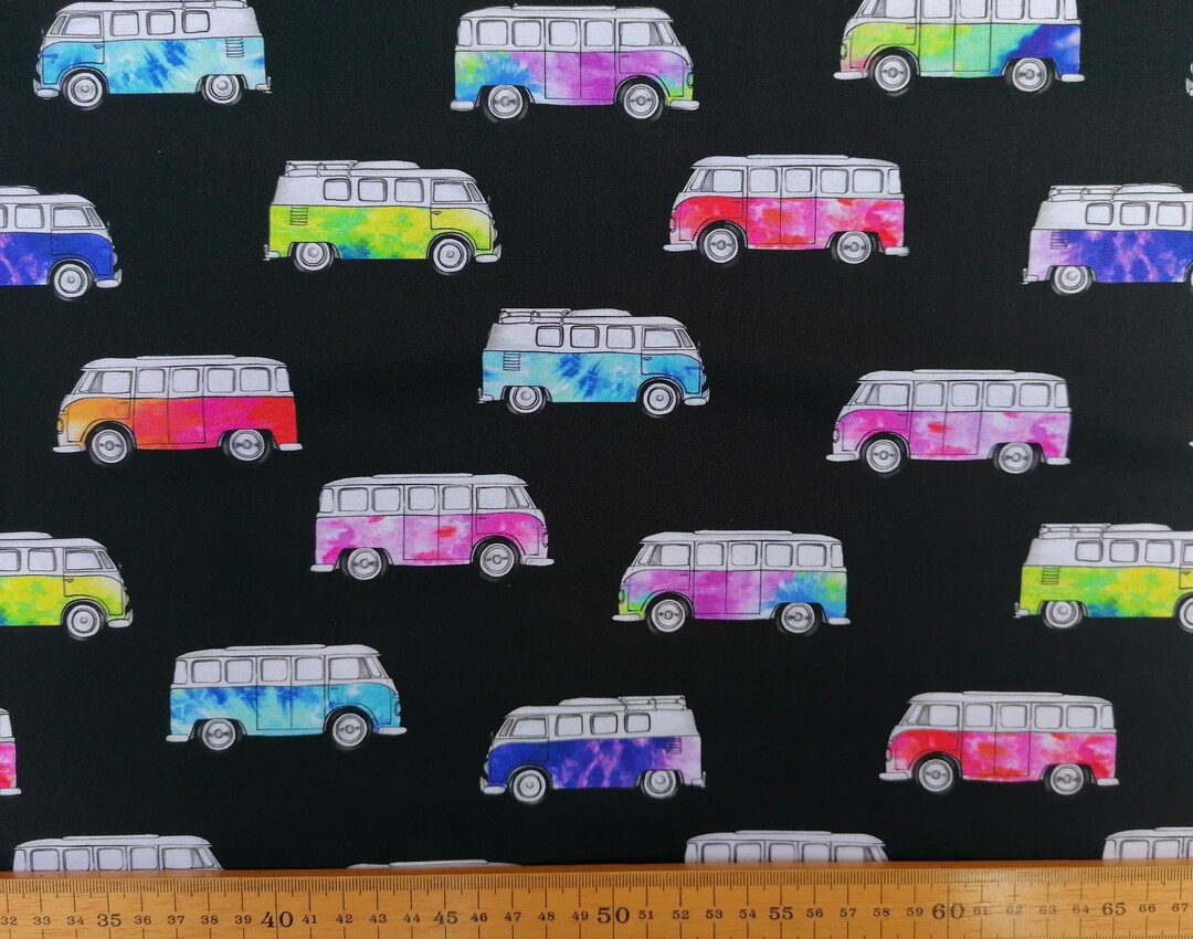 Magic Bus Cotton Fabric: Campers on Black, Quilting, Dressmaking, Craft ...