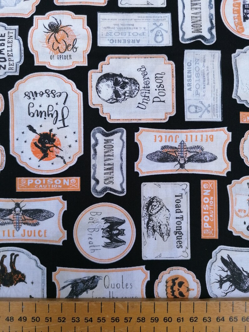 Gothic Labels on Black Fabric Fun Range by Timeless Treasures | Etsy UK