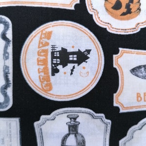 Gothic Labels on Black Fabric Fun Range by Timeless Treasures, 100% ...