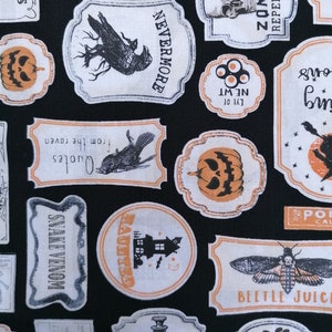 Gothic Labels on Black Fabric Fun Range by Timeless Treasures, 100% ...