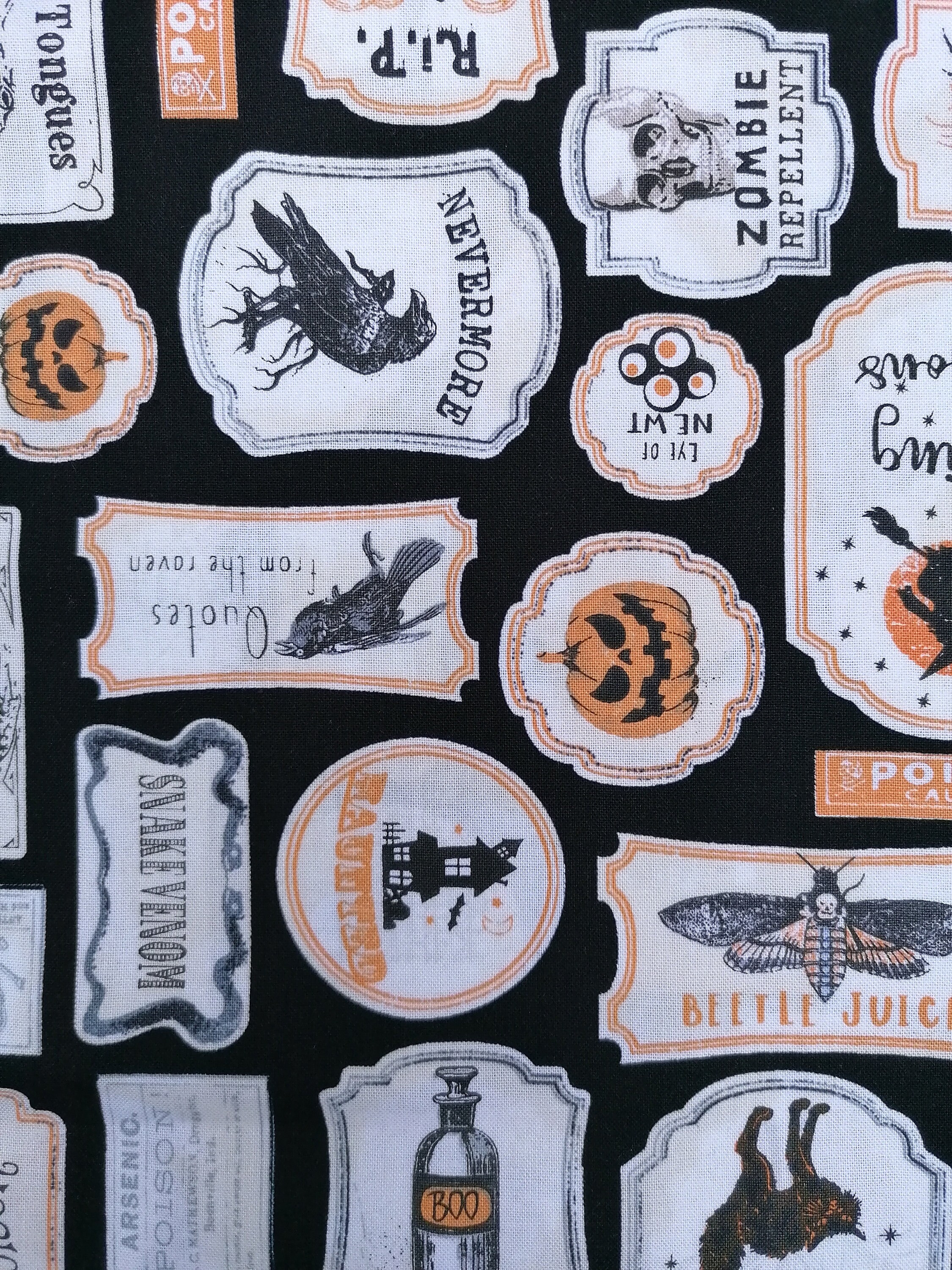 Gothic Labels on Black Fabric Fun Range by Timeless Treasures | Etsy UK