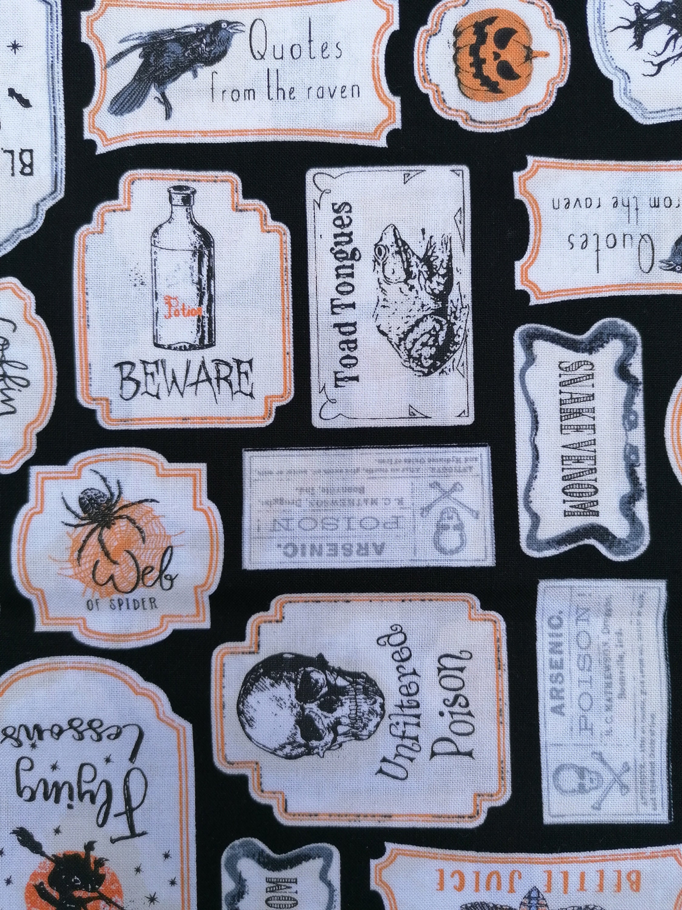 Gothic Labels on Black Fabric Fun Range by Timeless Treasures | Etsy UK