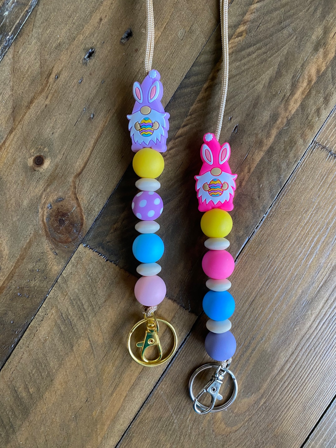 Spring Gnome Bunny Silicone Beaded Lanyard for ID Badge and Keys Easter ...