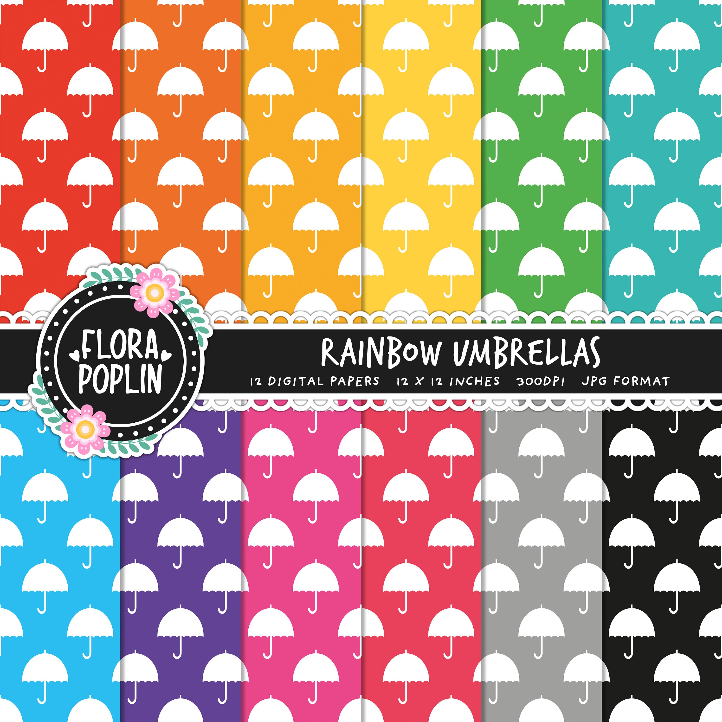 Rainbow Umbrella Digital Paper Pack, Umbrella Pattern, Rainbow Papers ...