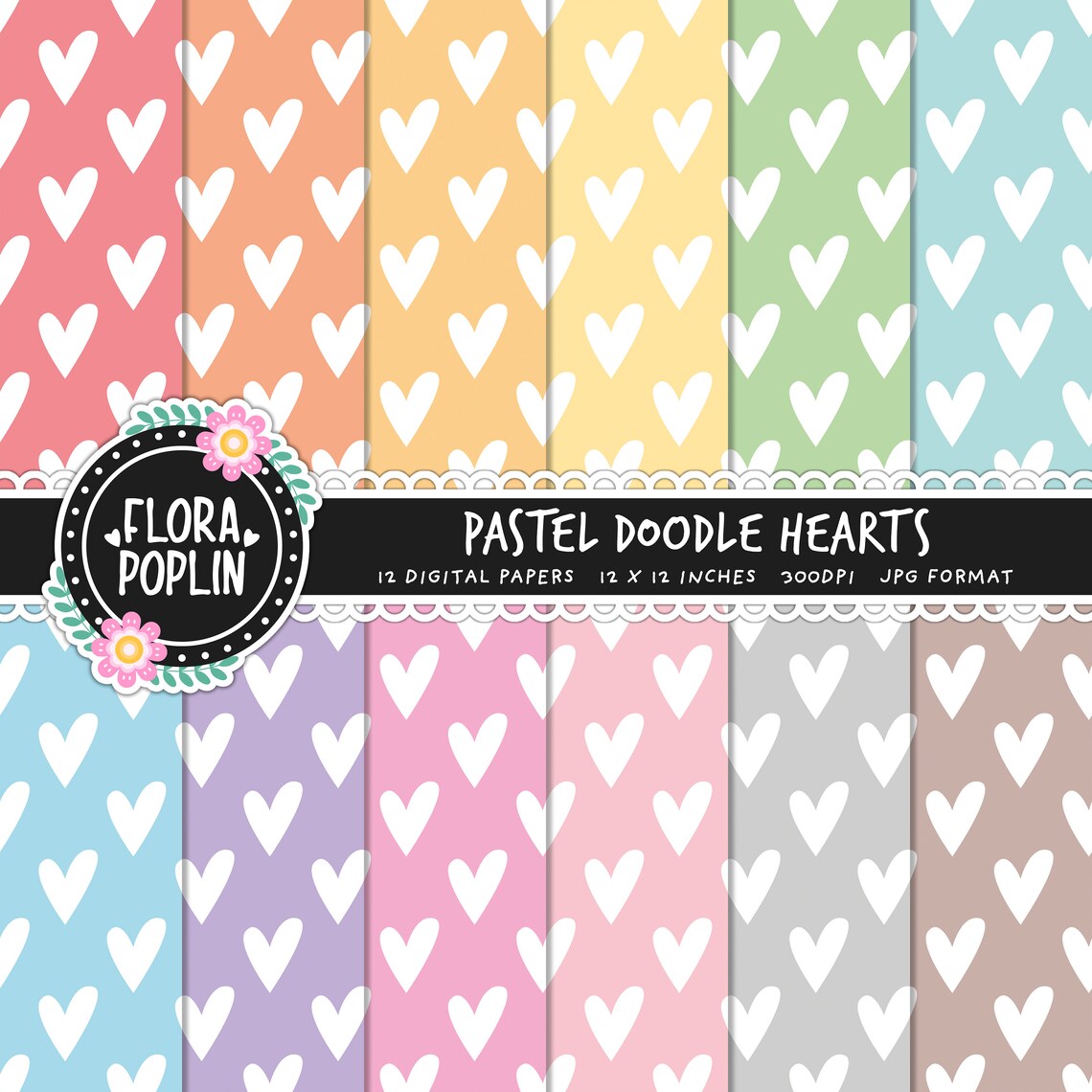 Pastel Doodle Hearts Digital Paper, Cute Heart Patterns, Heart ...