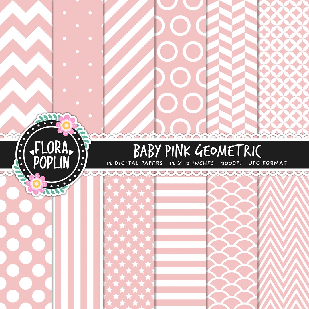 Baby Pink Geometric Digital Paper Pack, Pink Digital Paper, Chevrons ...