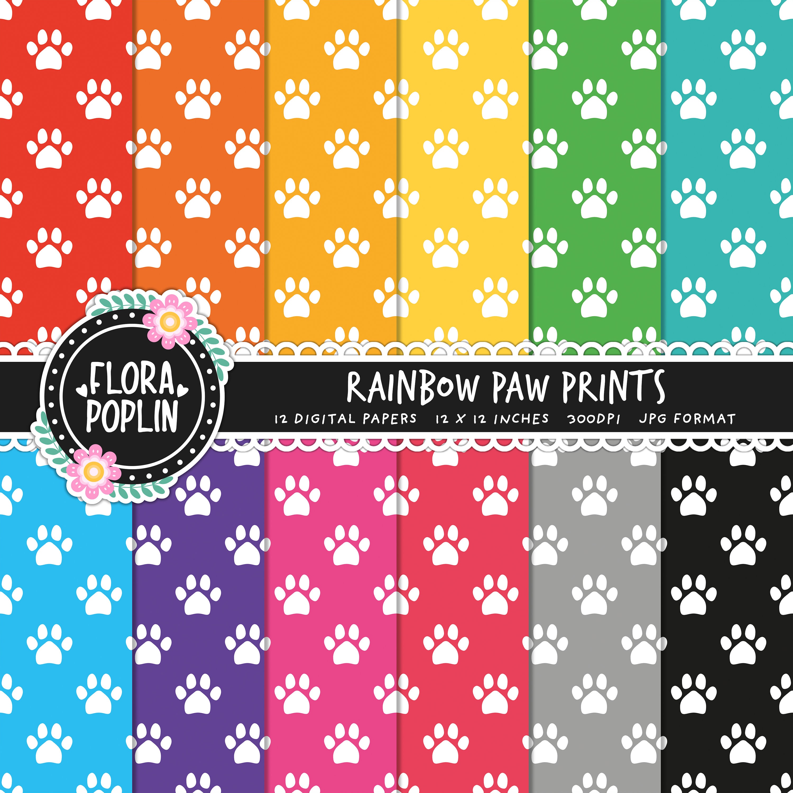 Rainbow Paw Prints Digital Paper, Rainbow Paw Patterns, Dog Pattern ...