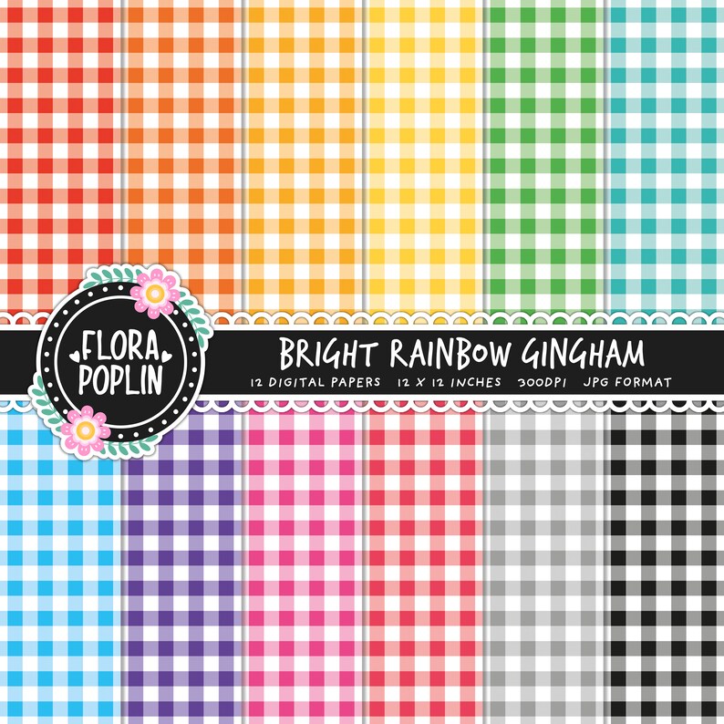 Rainbow Gingham Digital Paper, Check Pattern, Picnic Paper, Rainbow ...
