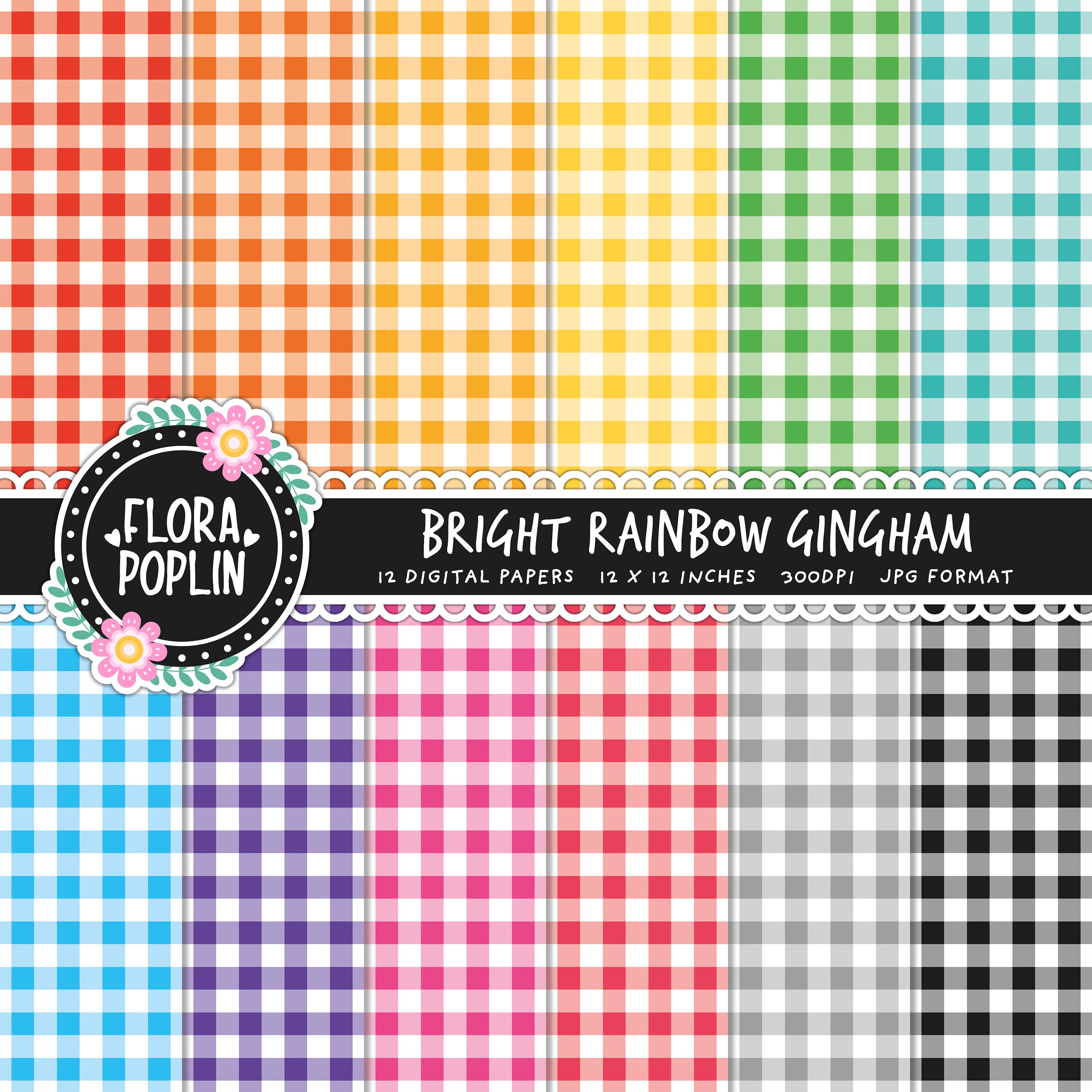Rainbow Gingham Digital Paper, Check Pattern, Picnic Paper, Rainbow ...