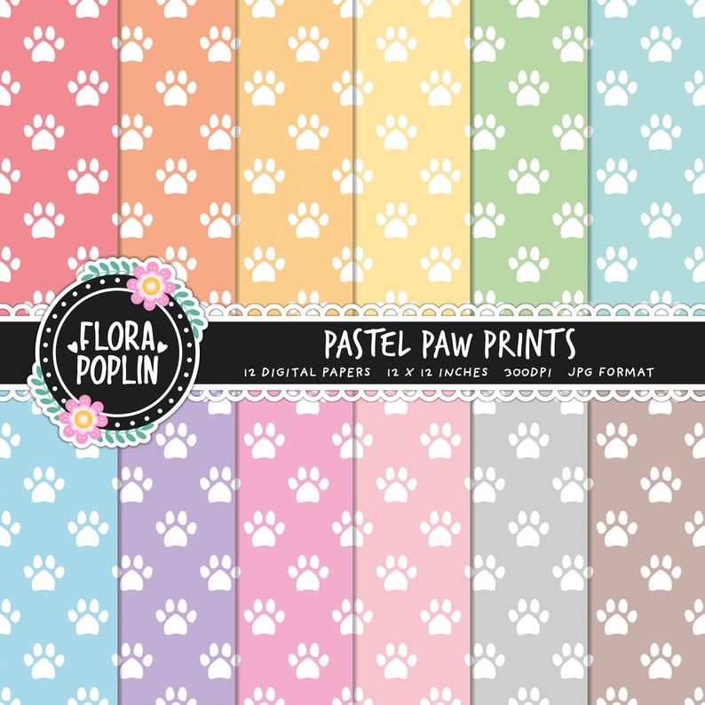 Pastel Paw Prints Digital Paper, Pastel Rainbow Patterns, Dog Pattern ...