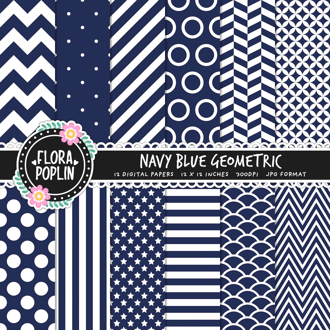 Navy Blue Digital Paper Pack, Navy Geometric Digital Patterns, Chevrons ...