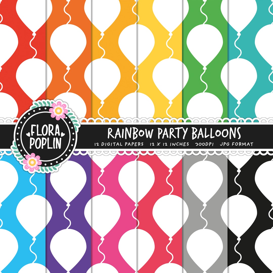 Rainbow Party Balloon Digital Paper, Rainbow Balloons, Celebration ...