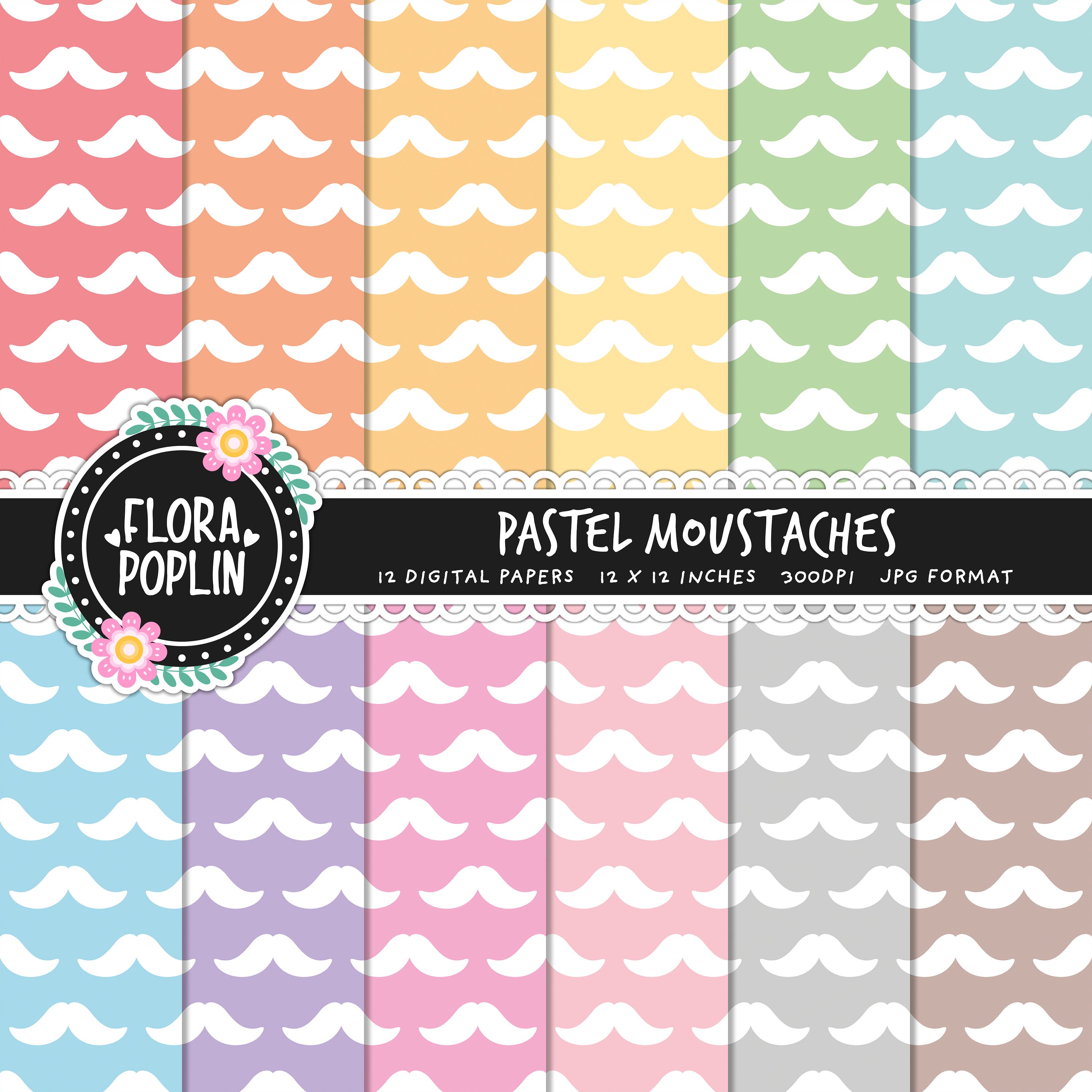 Pastel Moustache Digital Paper, Mustache Digital Paper, Father's Day ...
