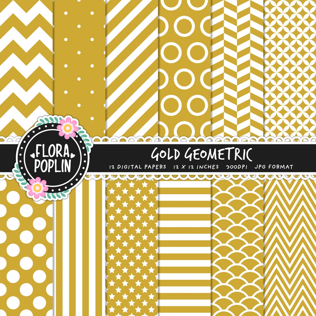 Gold Geometric Digital Paper Pack, Gold Digital Paper, Chevrons, Stars ...