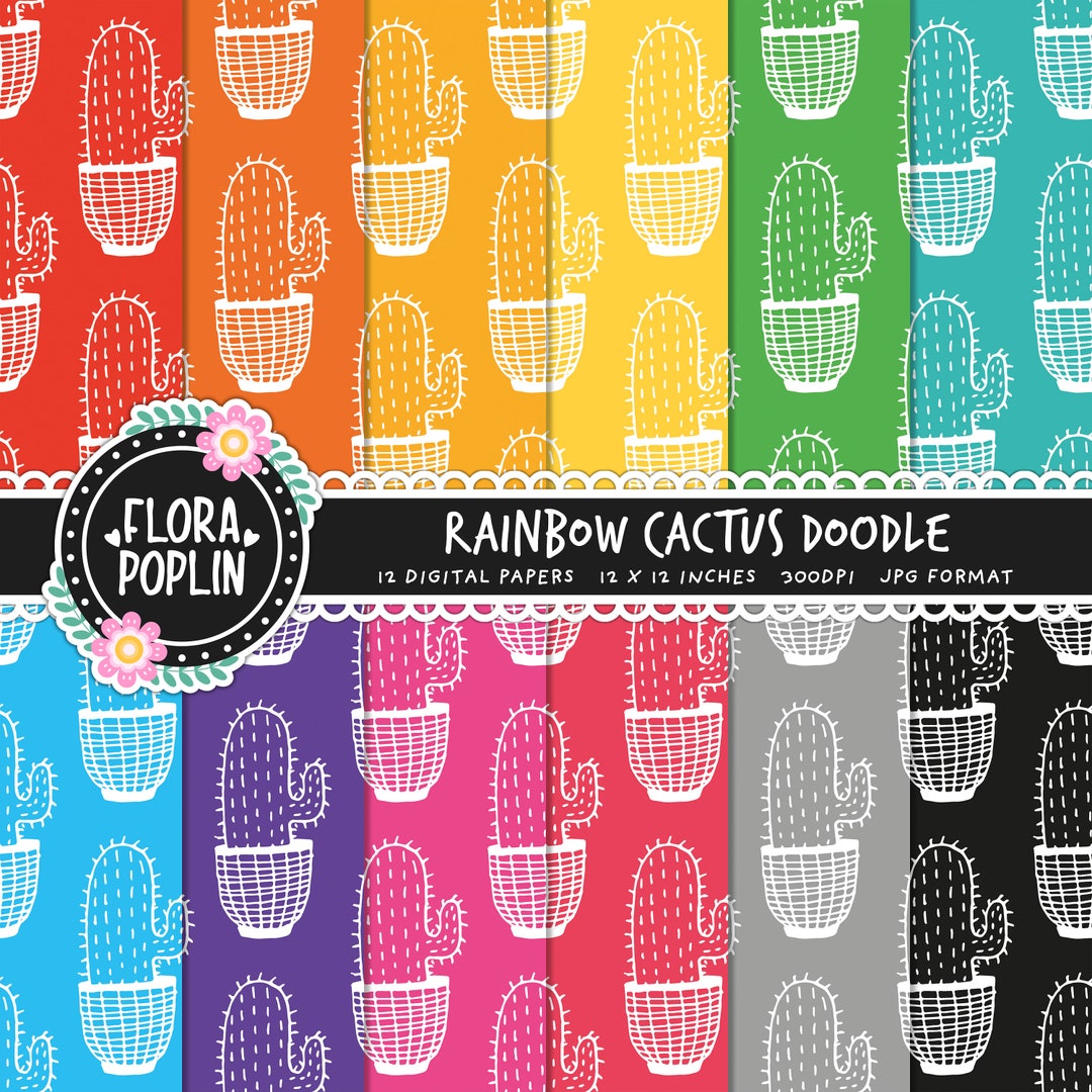 Rainbow Cactus Digital Paper, Doodle Digital Paper, Succulent Pattern ...