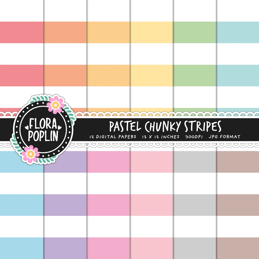 Pastel Chunky Stripe Digital Paper, Striped Pattern, Rainbow Digital ...