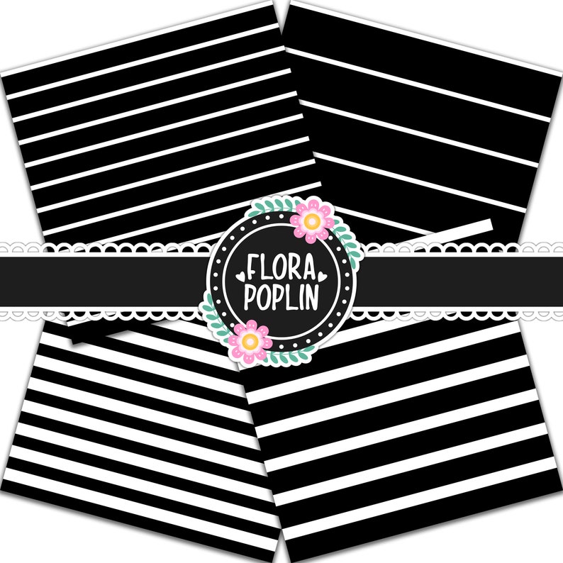 Black and White Stripes Digital Paper Set, Horizontal Stripes, Diagonal ...