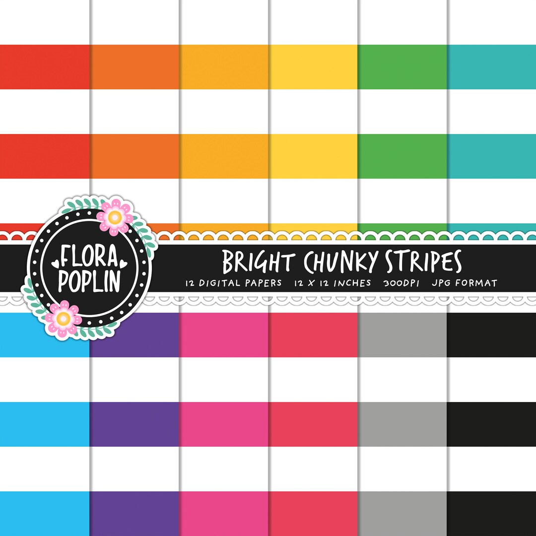 Bright Chunky Stripe Digital Paper, Striped Pattern, Rainbow Digital ...