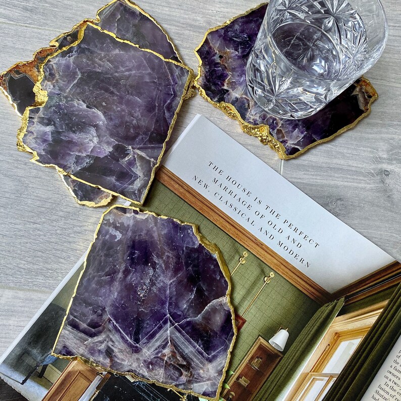Luxury Coasters Purple Amethyst Crystal with Gold Edge | Etsy