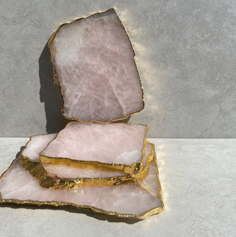 Agate Rose Quartz Crystal Coasters With Gold Edge per Slice - Etsy UK