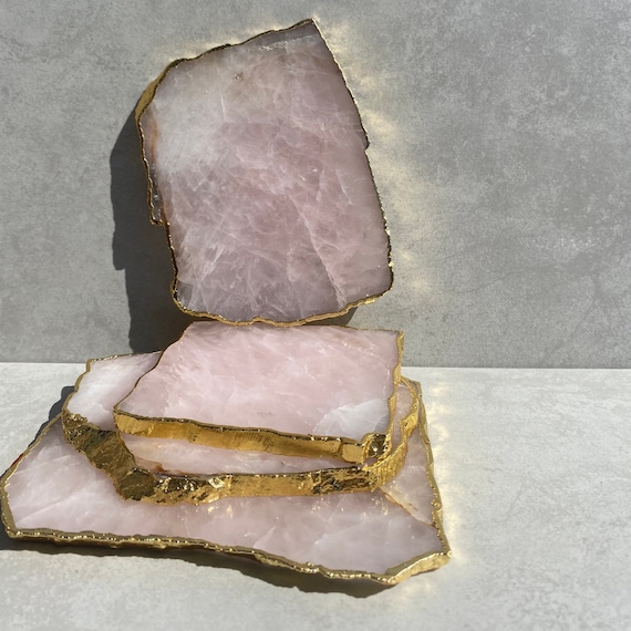Agate Rose Quartz Crystal Coasters With Gold Edge per Slice - Etsy