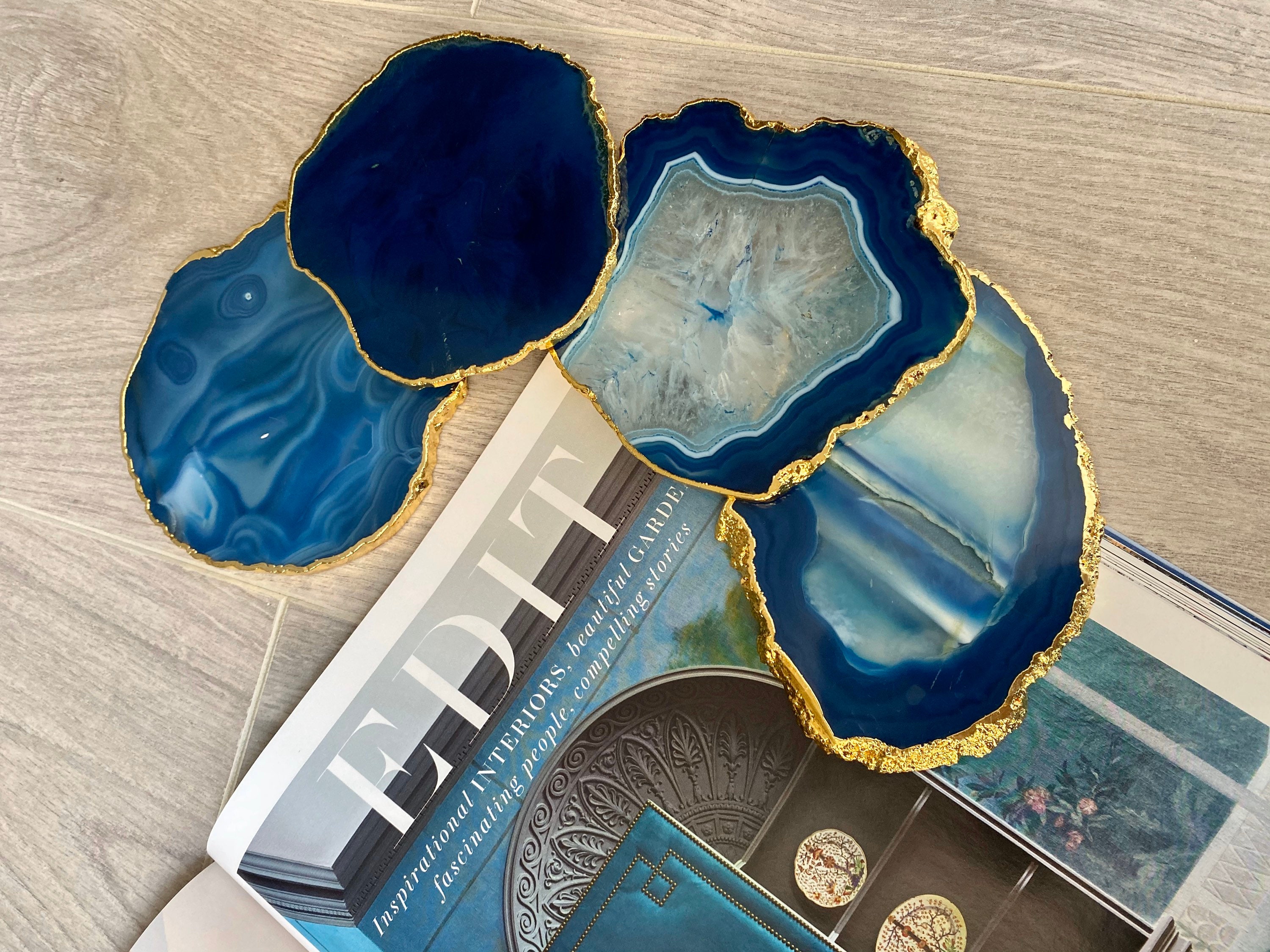 Agate Coasters Blue With Gold Edge Natural Round per - Etsy
