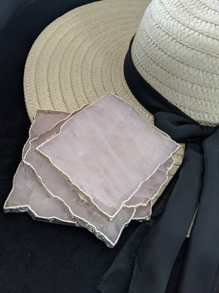 Agate Rose Quartz Crystal Coasters With Silver Edge per - Etsy