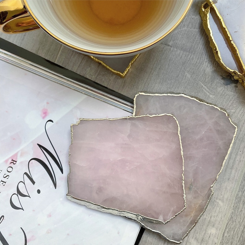 Agate Rose Quartz Crystal Coasters With Gold Edge (per Slice) - Desk ...