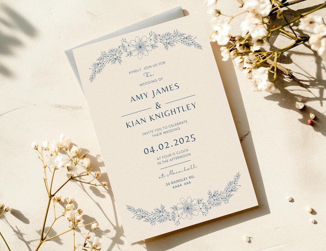 Floral Blue Wedding Invitation Template, Pretty Flower Simple Invite ...