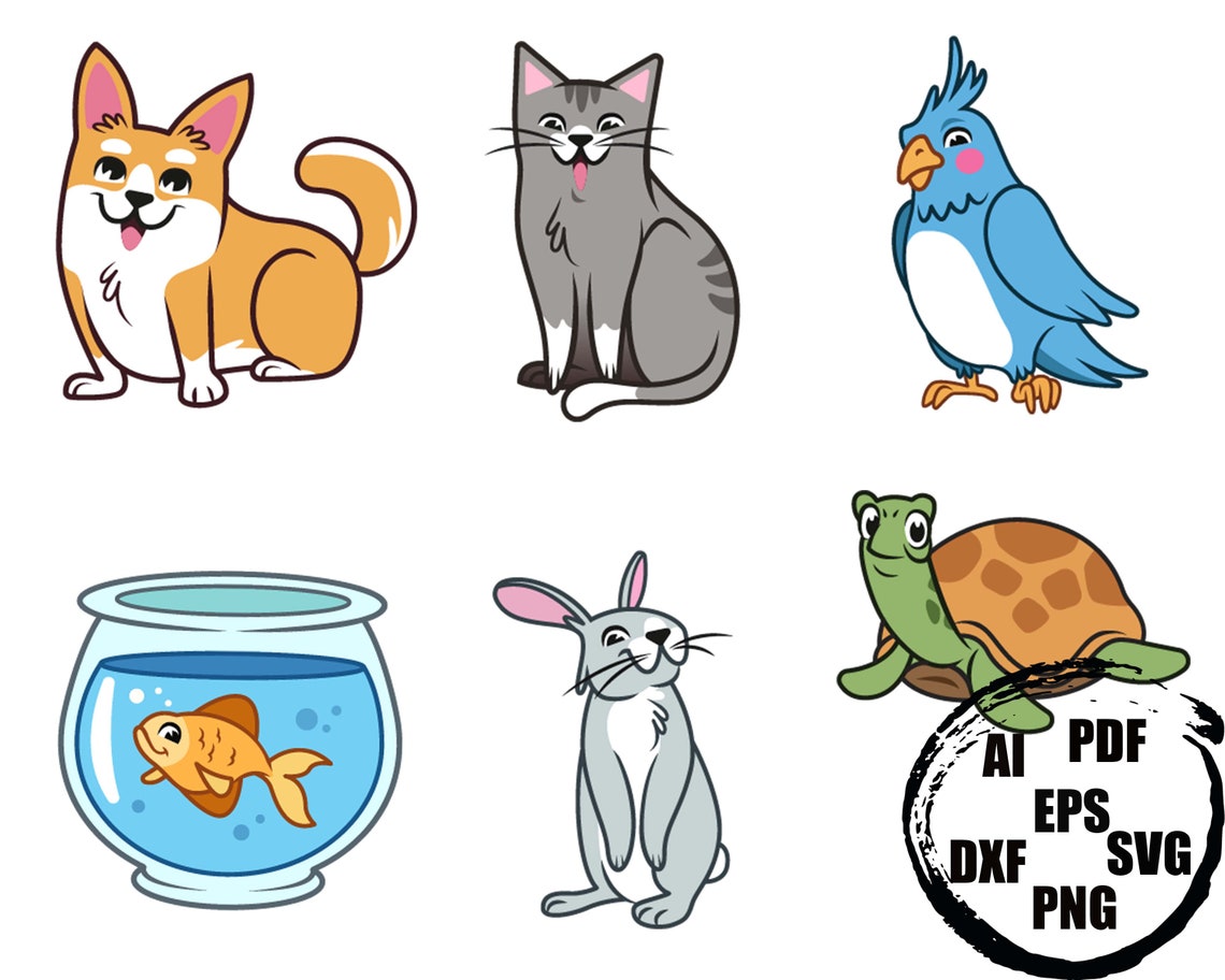 6 animals rabbit cat turtle fish turtle dog corgi sticker svg | Etsy