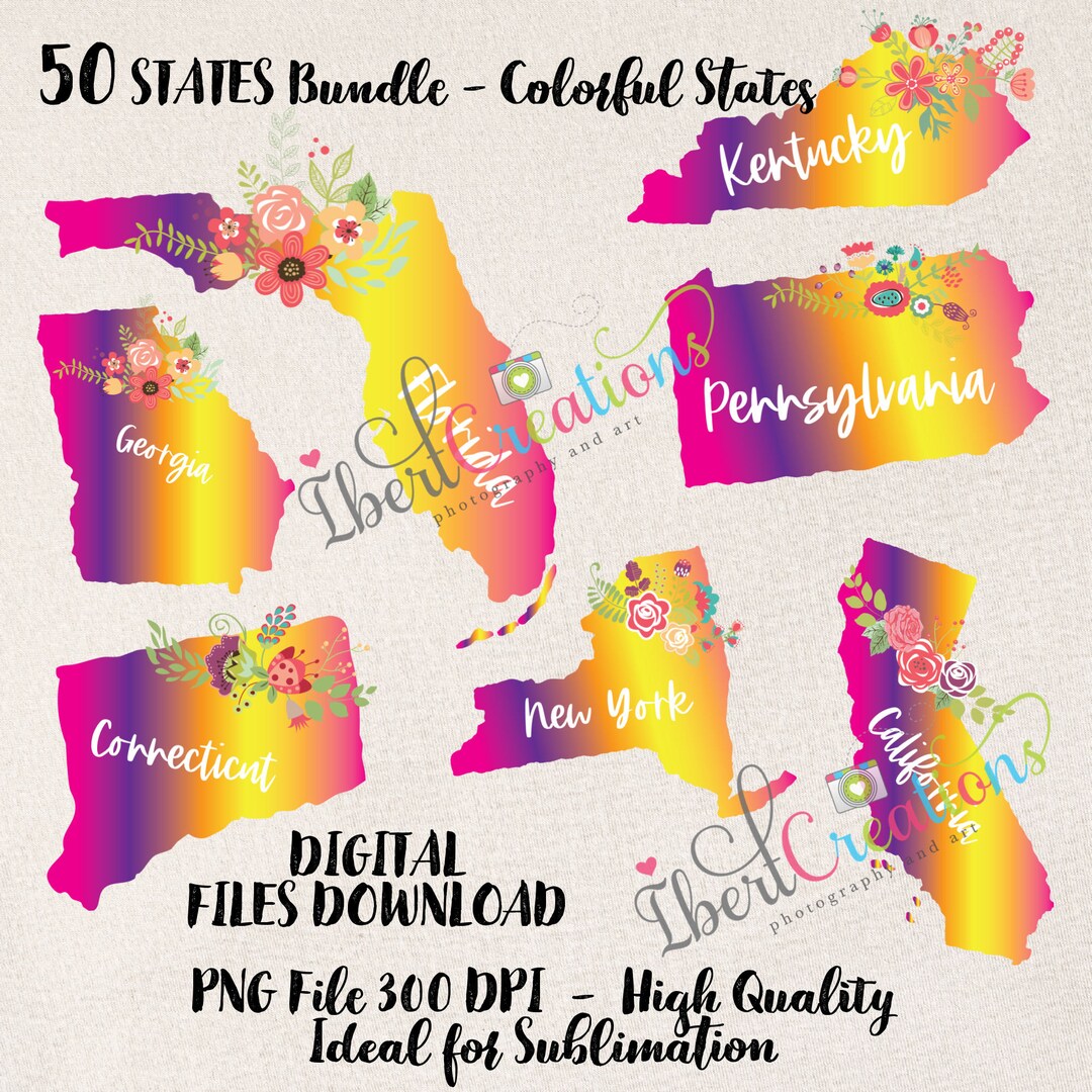 United States Colorful -50 States Png Files- Sublimation Design - US ...