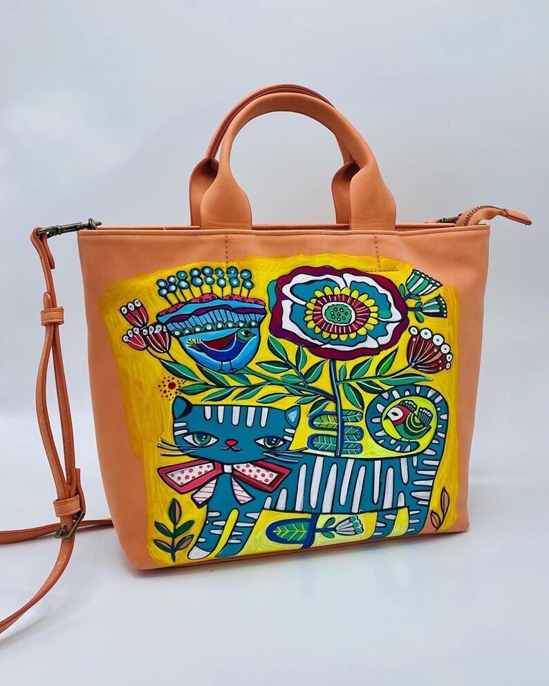 Orange Leather Shoulder Bag With Hand-painted Blue Cat Design - Etsy