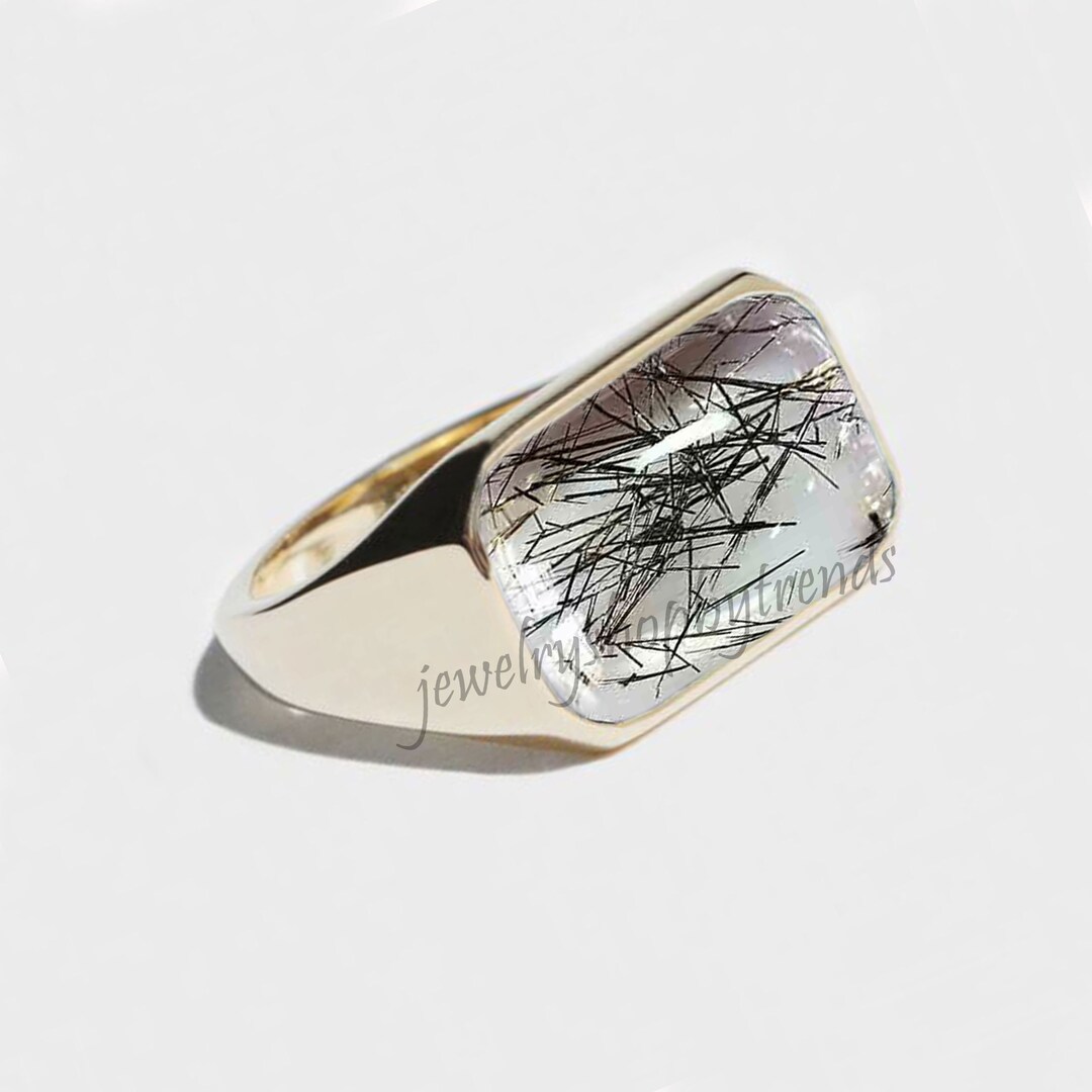 Natural Black Rutile Ring, Unisex Signet Ring, Rutile Quartz Mens Ring ...