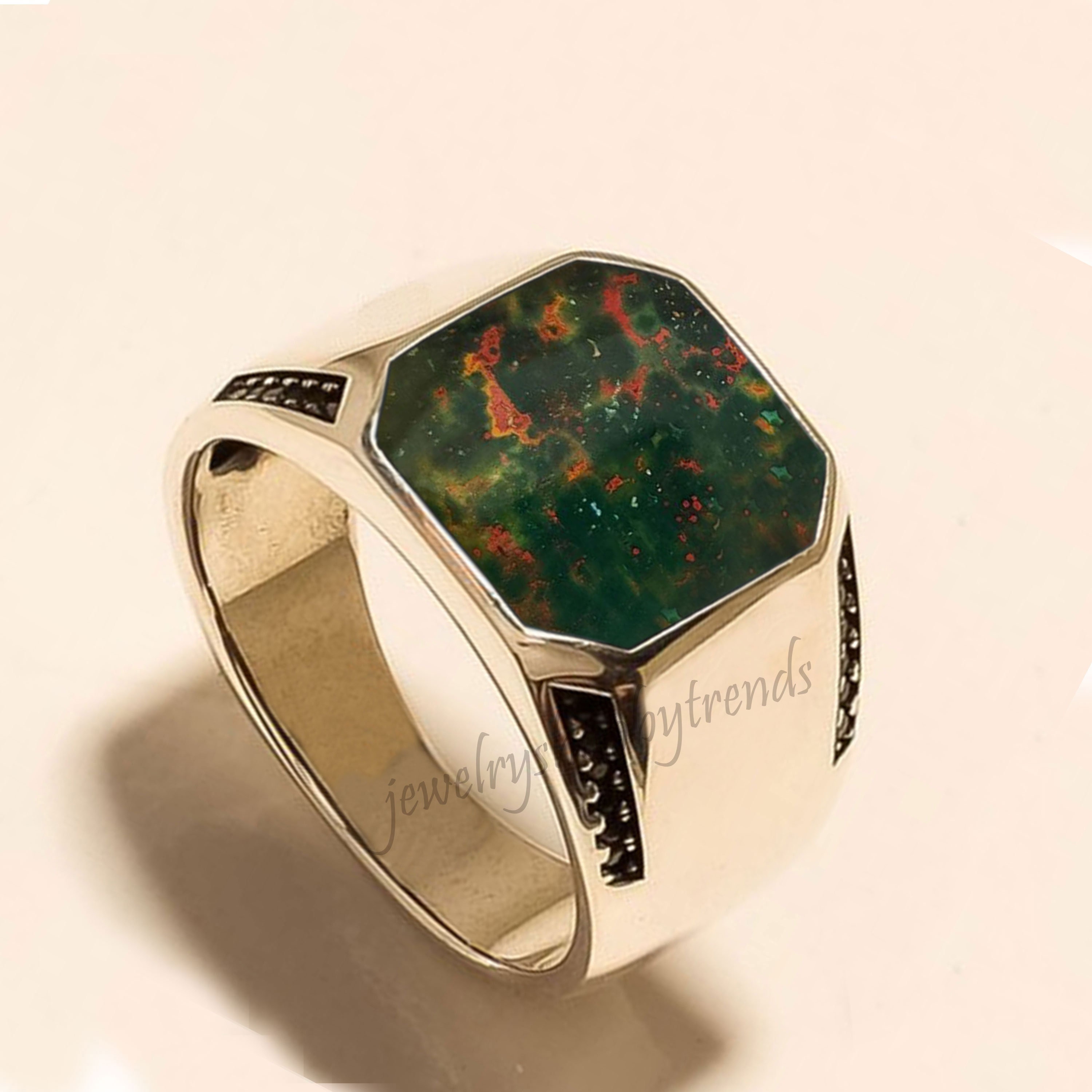 Bloodstone Signet Ring Men: Sterling Silver & Black Zircon - Etsy