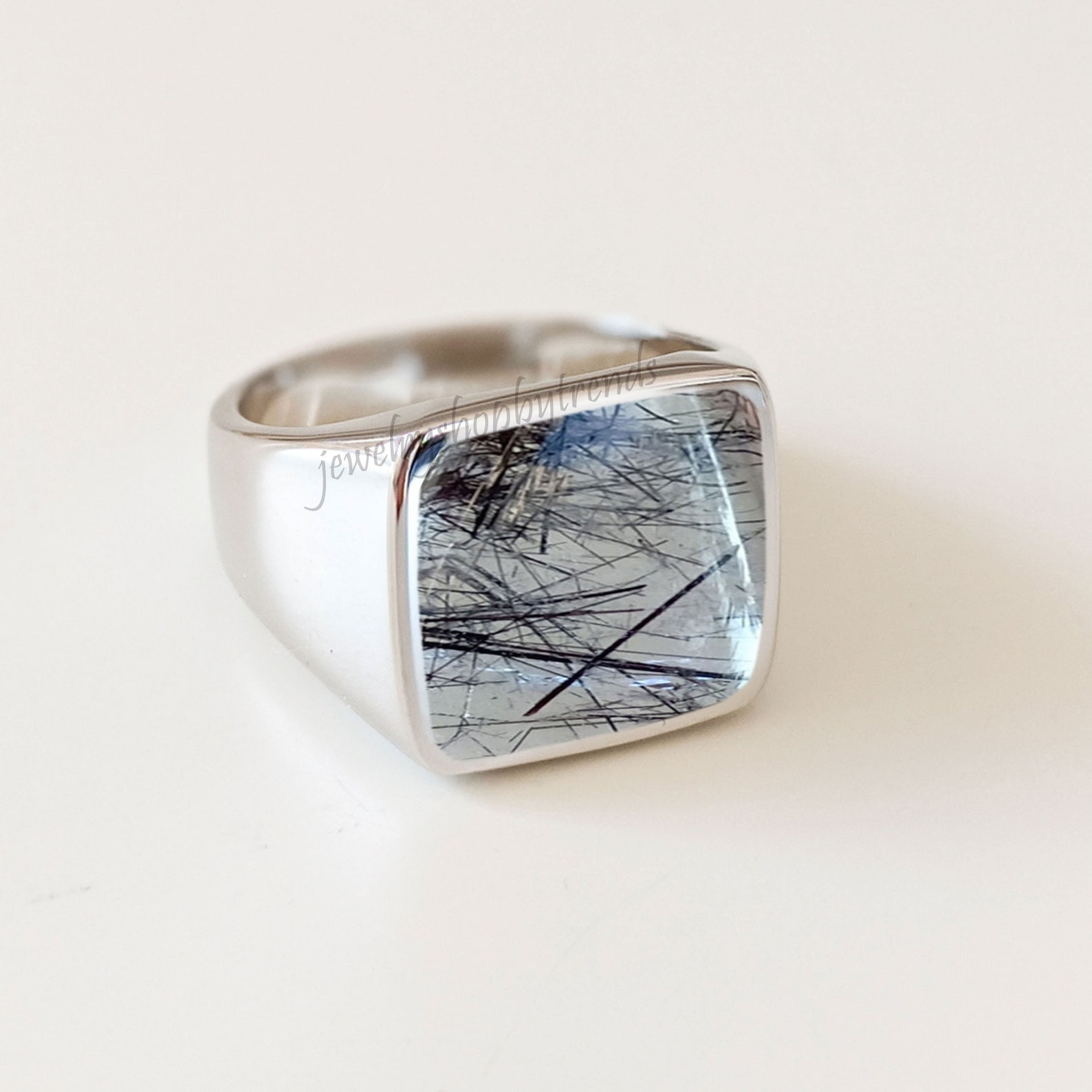 Natural Black Rutile Ring, Square Signet Ring, Rutile Quartz Mens Ring ...