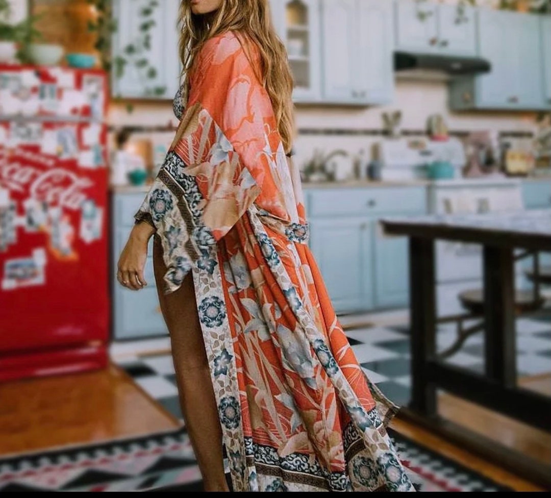 Boho Kimono, Boho Summer Kimono Dress, Bohemian Robe, Women Long Floral ...