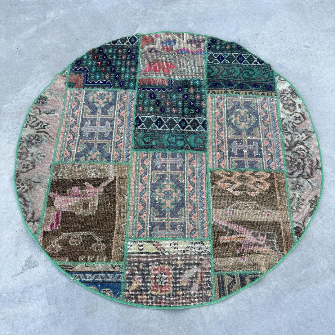 Vintage Rug, Round Rug, Turkish Rug, Patchwork Oushak Rug, Small Rug ...