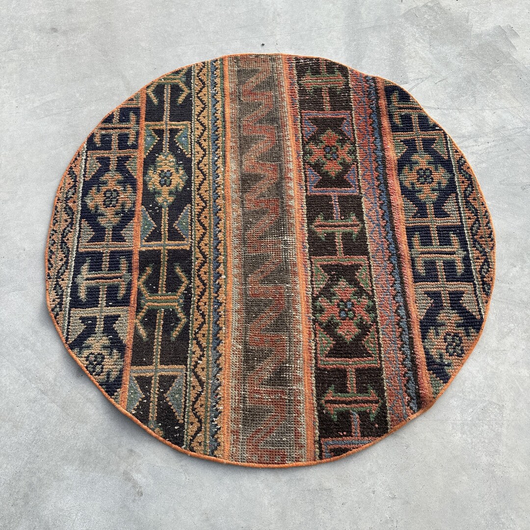 Patchwork Rug, Vintage Rug, Round Rug, Turkish Rug, 4x4 Ft Small Rugs ...