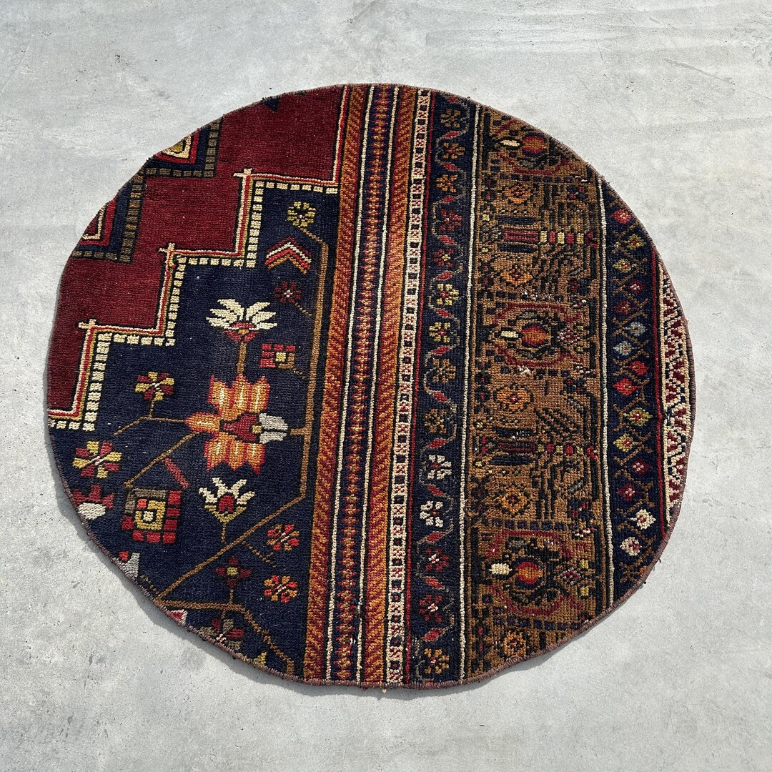 3x3 Ft Small Rug, Round Rug, Vintage Rug, Turkish Rug, Faded Anatolian ...